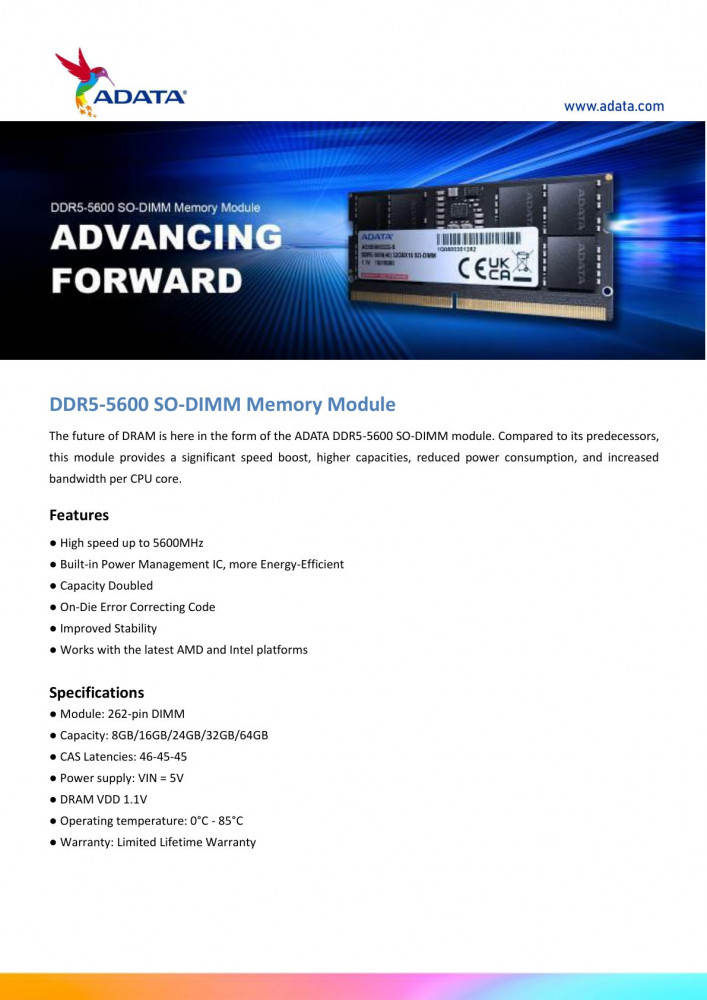 ADATA DDR5-5600 SO-DIMM product document, page 1