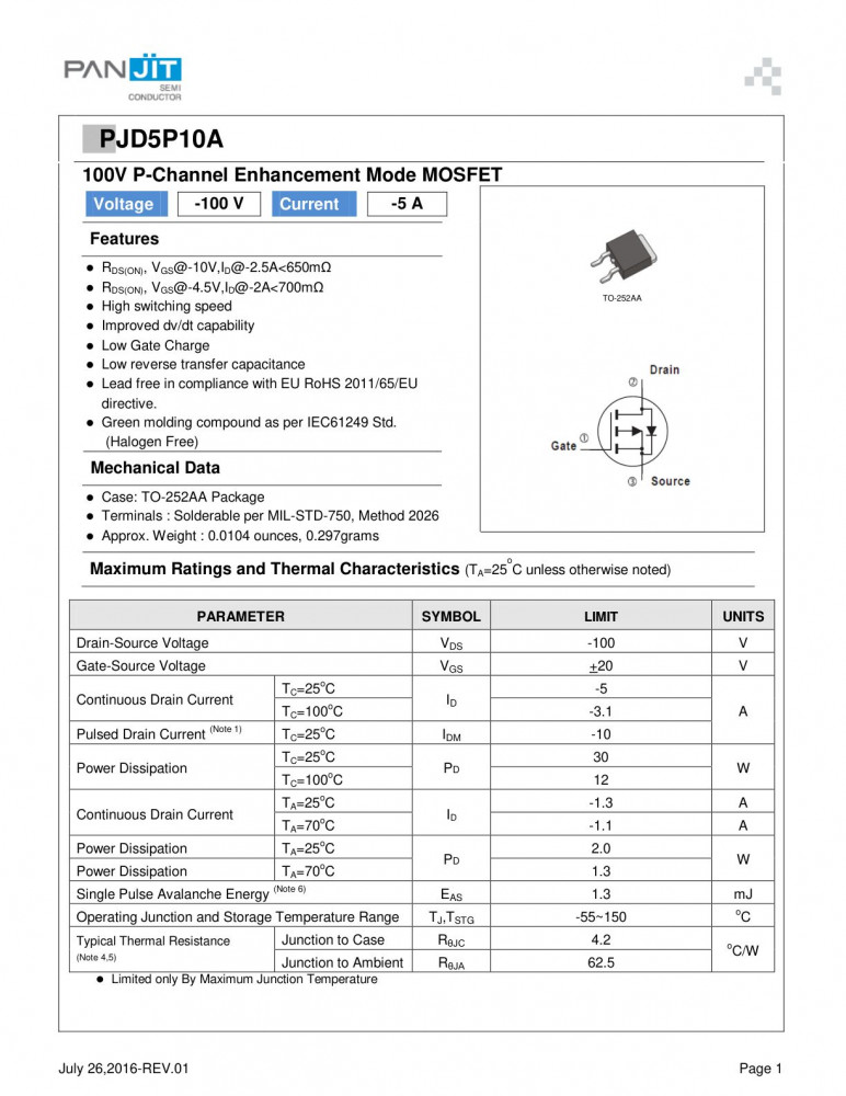 PJD5P10A datasheet page 1