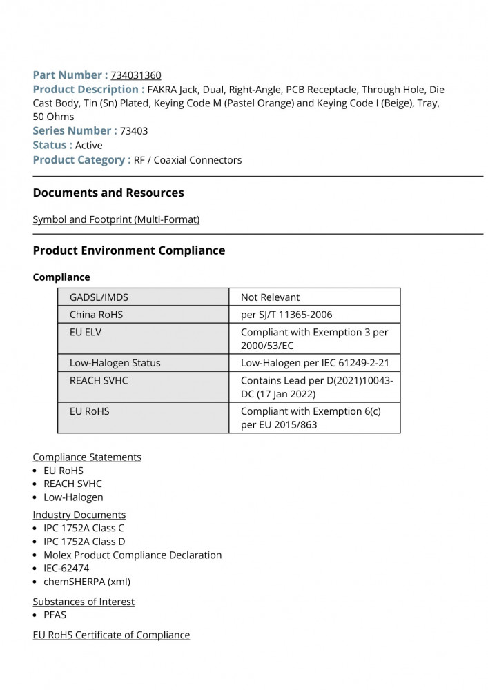 Technical document page 1 for MOLEX 734031360