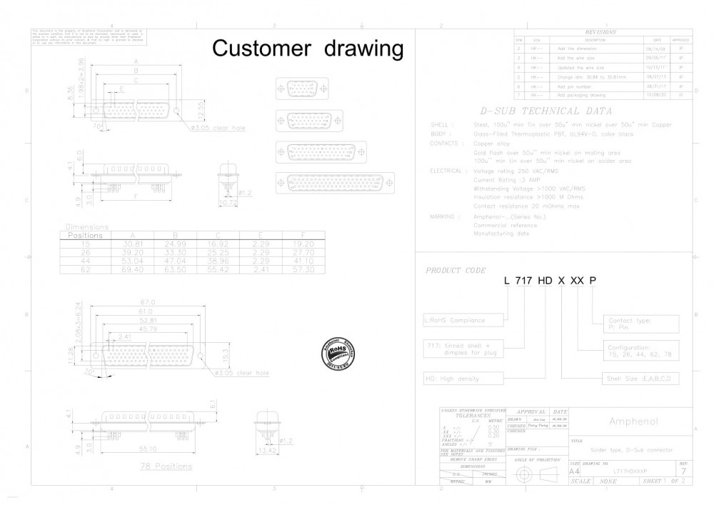 Amphenol L717HDB44P technical drawing page 1