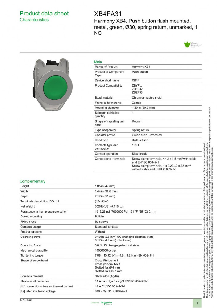 XB4FA31 technical documentation page 1