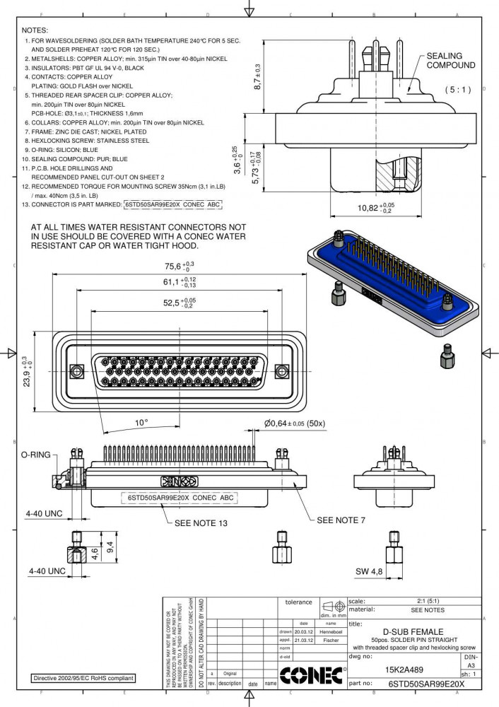 Conec 6STD50SAR99E20X product drawing, sheet 1