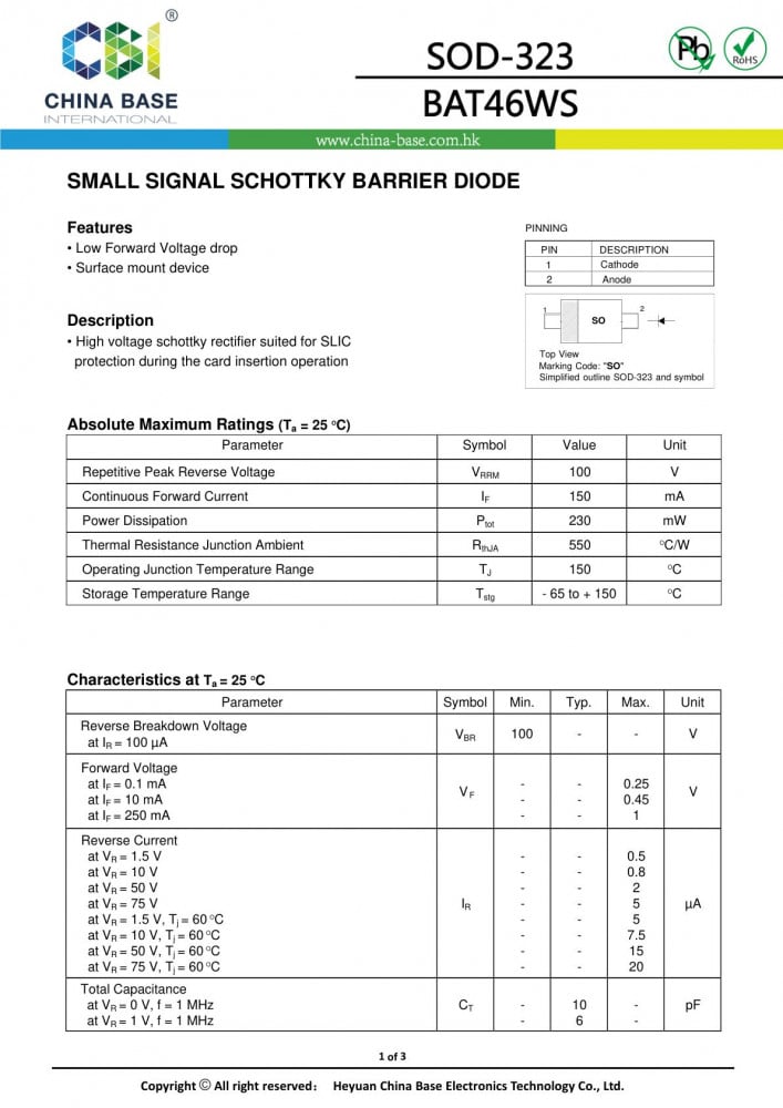 CBI BAT46WS datasheet page 1