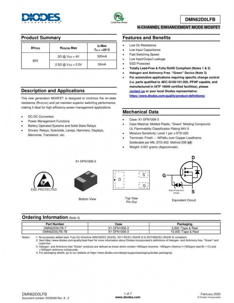 DMN62D0LFB-7B datasheet page 1