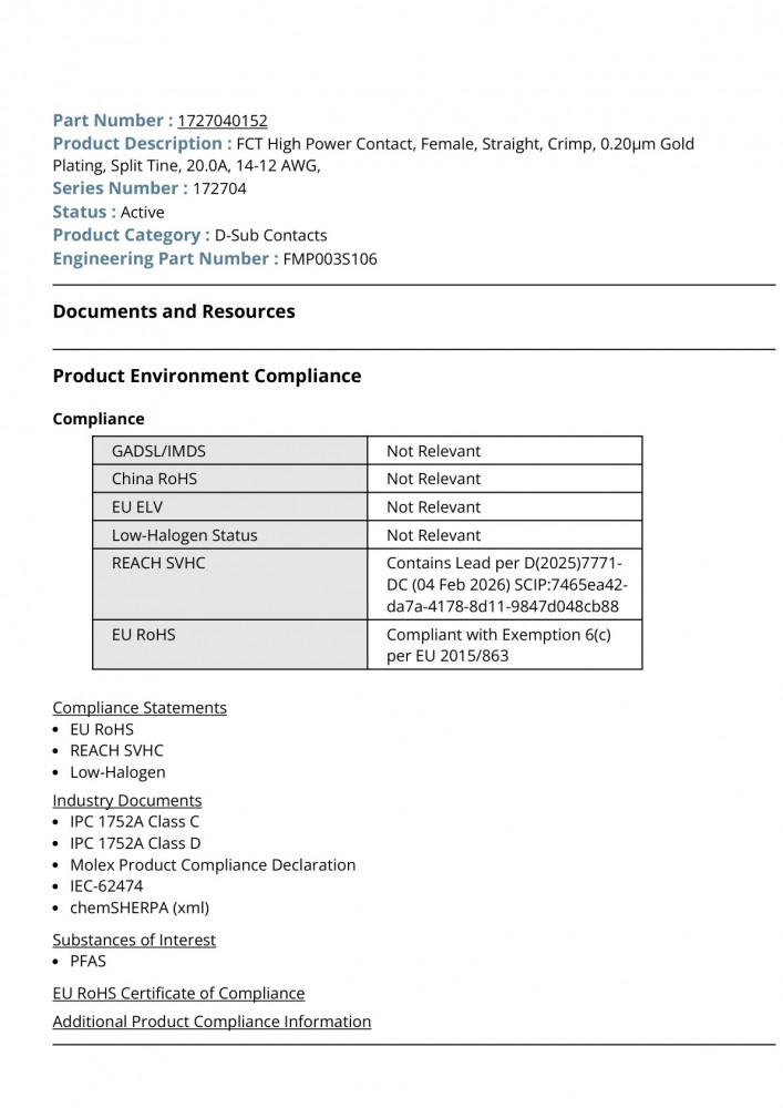 MOLEX 1727040152 technical document page 1