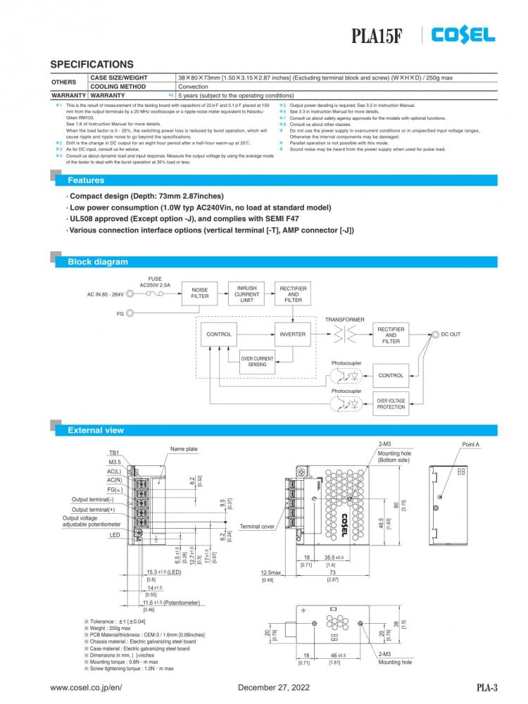 Cosel PLA series datasheet page 3