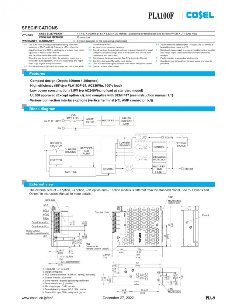 Cosel PLA series datasheet page 9