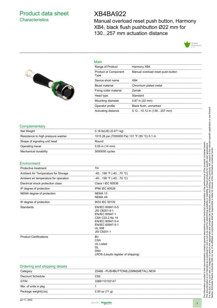 XB4BA922 technical document page 1