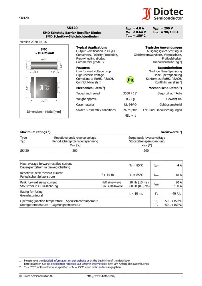 DIOTEC SK420 datasheet page 1