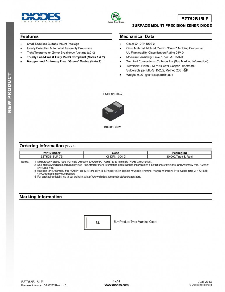 BZT52B15LP-7B technical document page 1