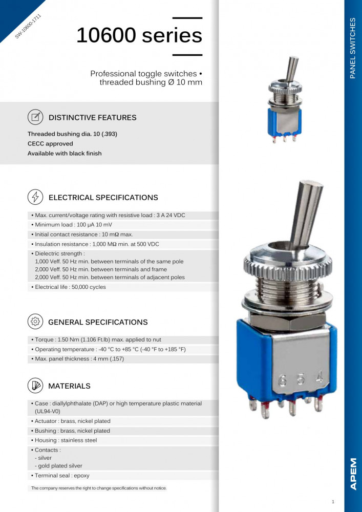 APEM 10600 series datasheet page 1