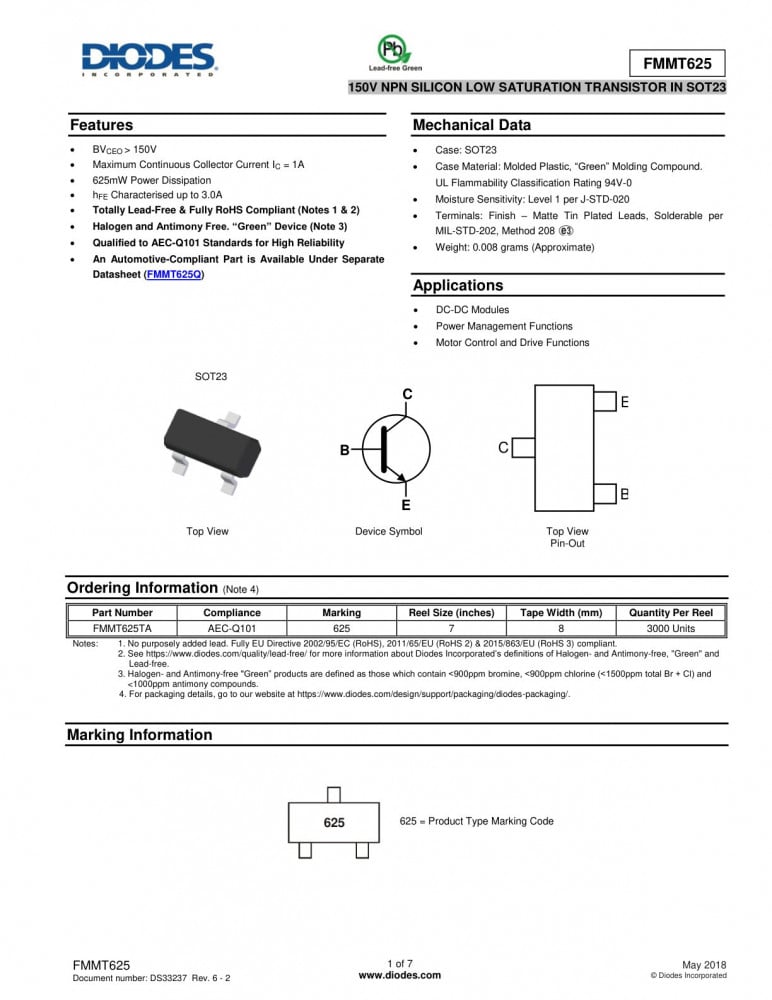 FMMT625TA datasheet page 1