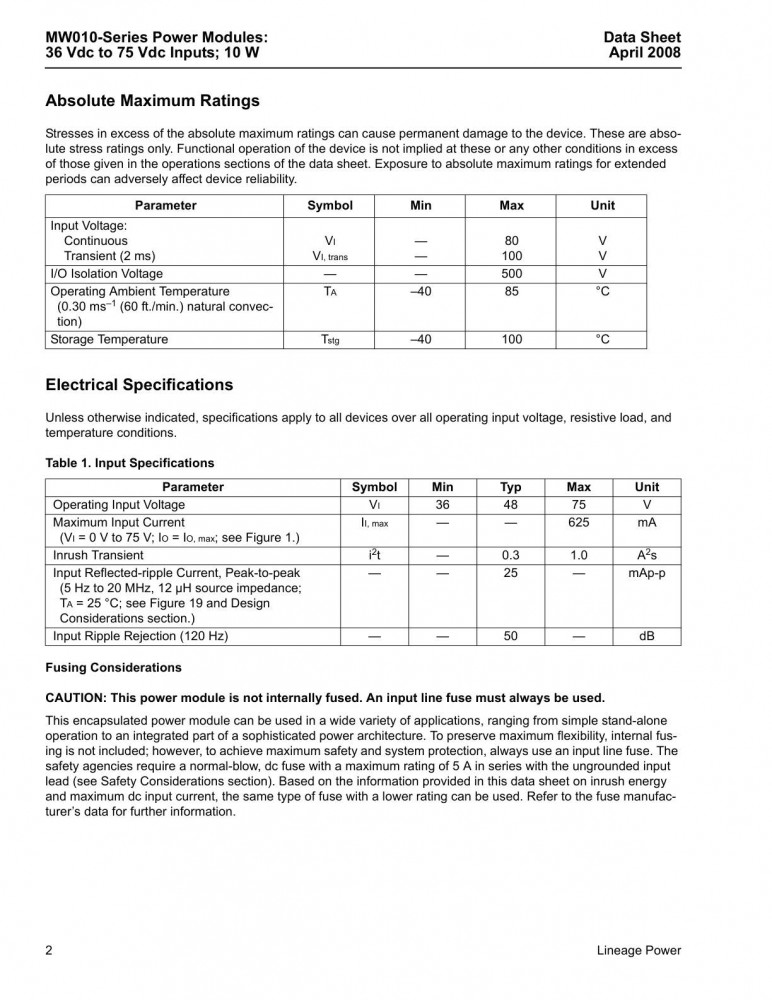 MW010C datasheet page 2