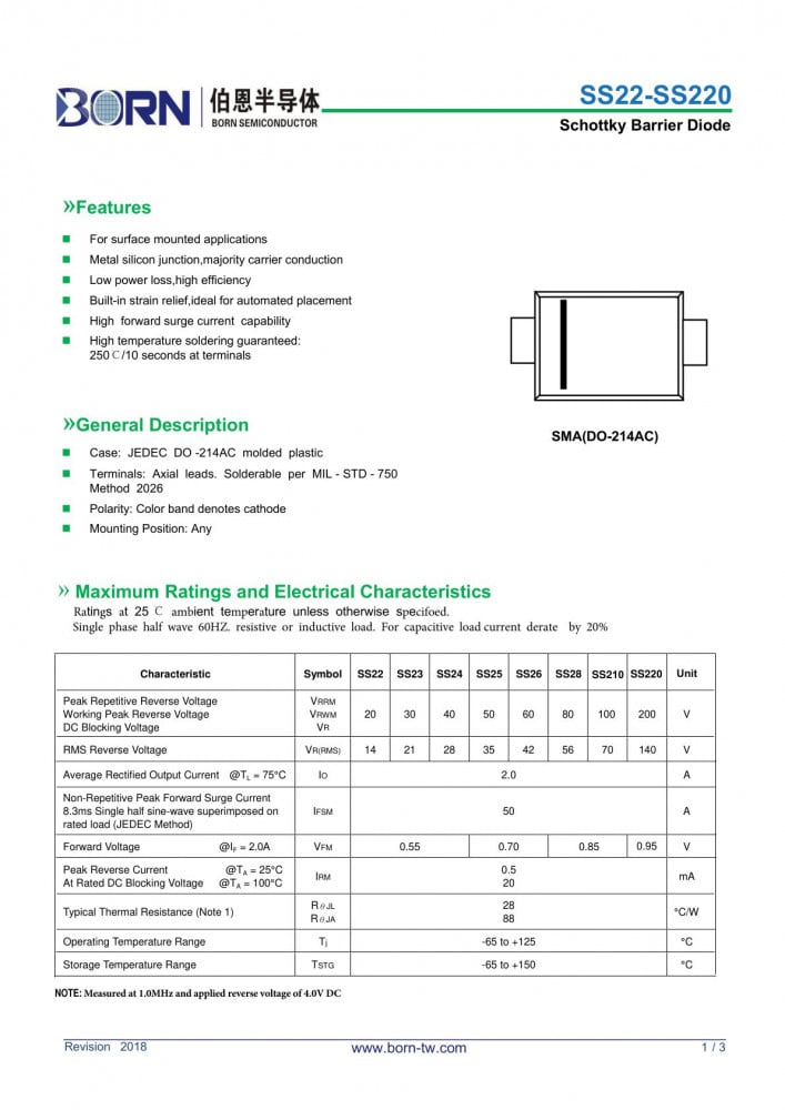 BORN SS220 SMA datasheet page 1