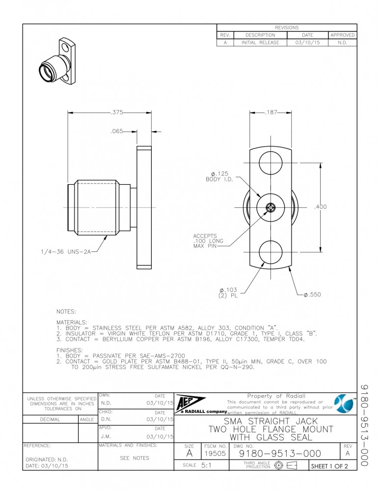 Radiall 9180-9513-000 drawing, sheet 1 of 2