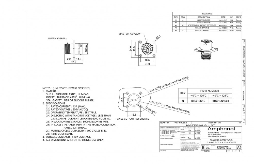 Amphenol RTS010N4S03 technical drawing page 1