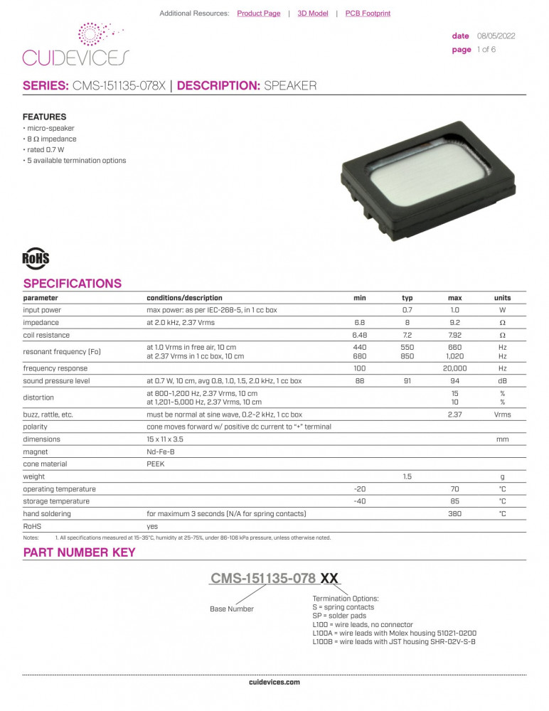 CUI CMS-151135-078L100B technical document, page 1