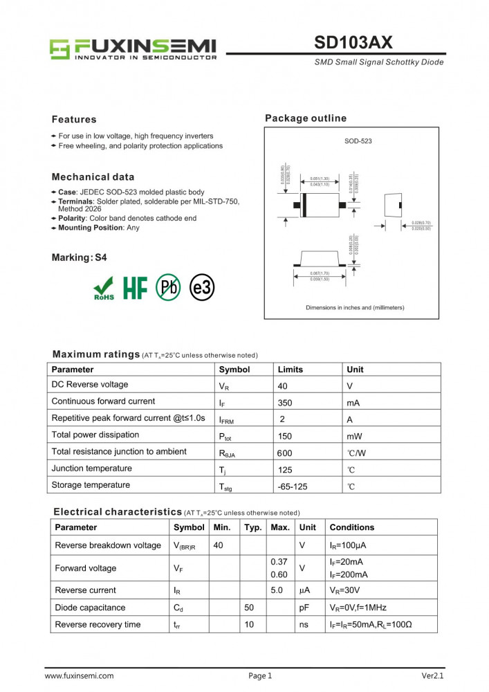 SD103AX datasheet page 1