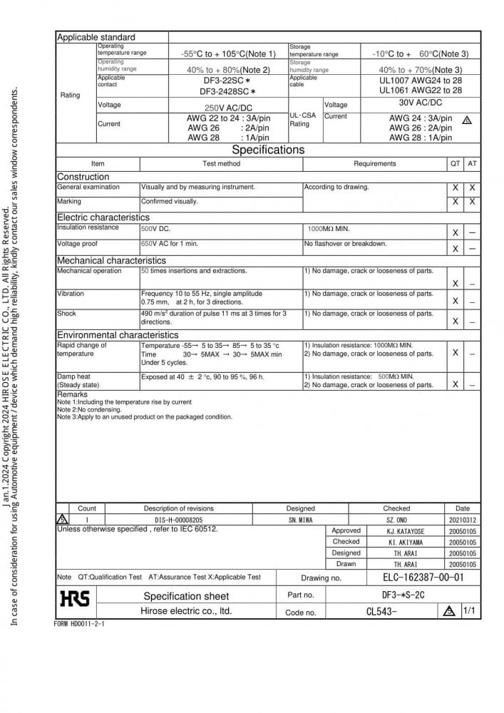 HRS DF3 series specification sheet preview