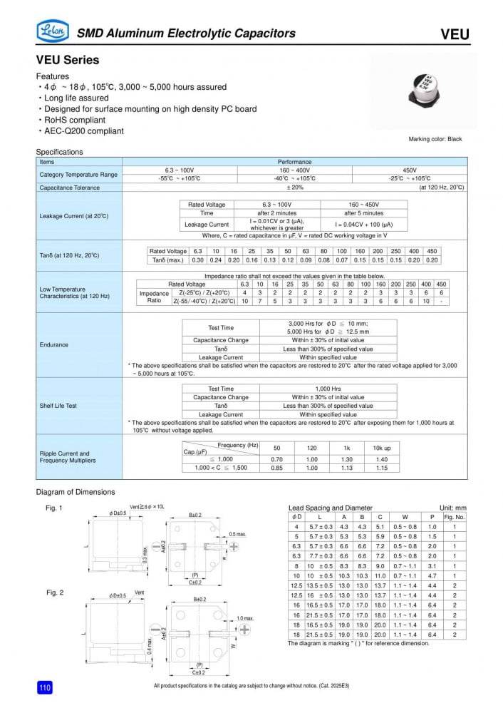 Lelon VEU Series technical specifications page