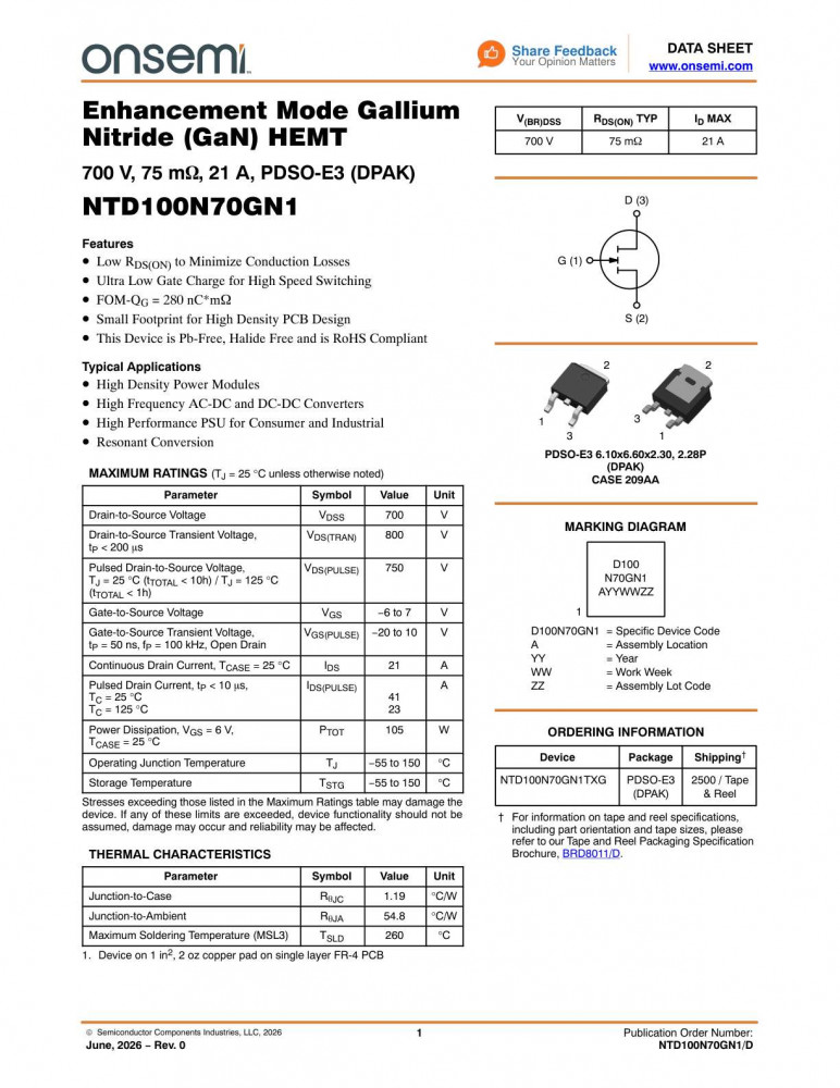 NTD100N70GN1 technical document page 1