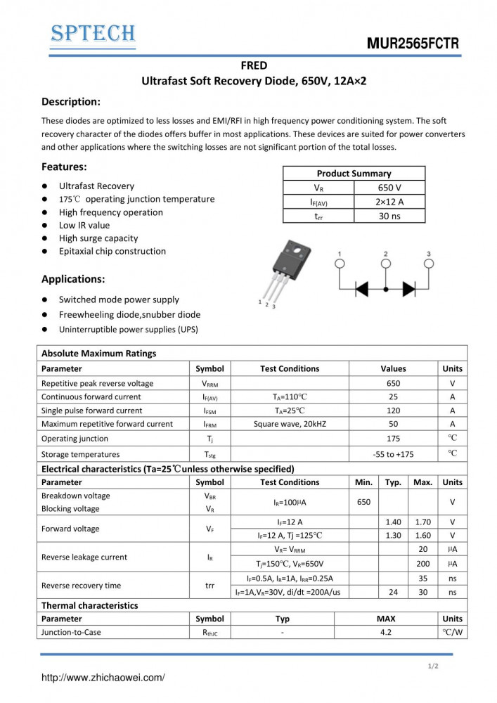 MUR2565FCTR technical document page 1