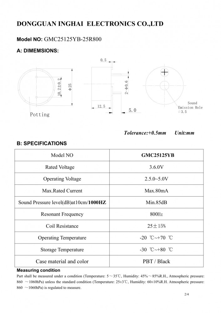 GMC25125YB-25R1000 dimensional and electrical specification page