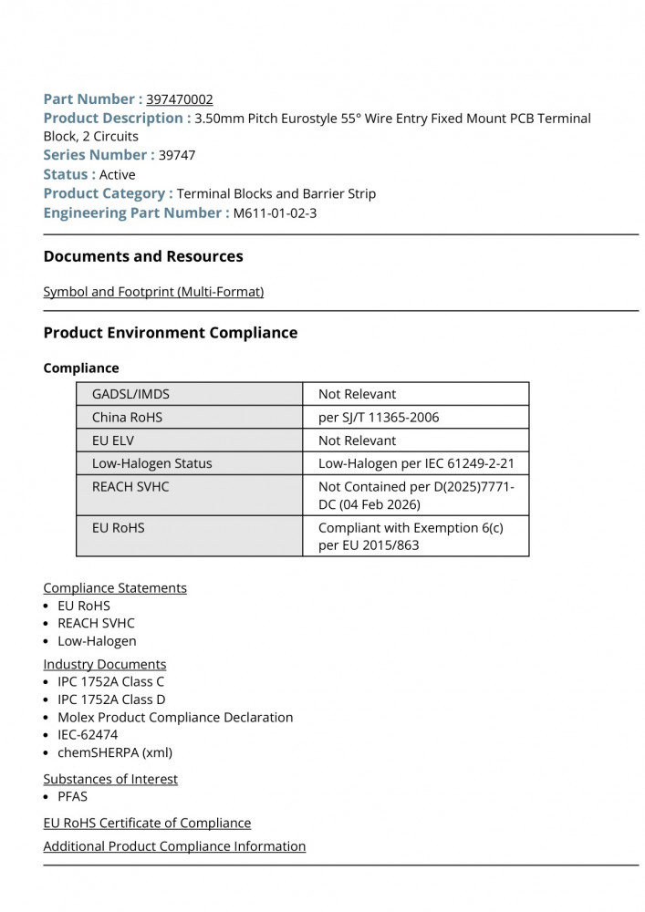 Technical document page 1 for MOLEX 397470002