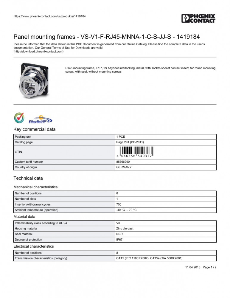 Phoenix Contact 1419184 product documentation page 1