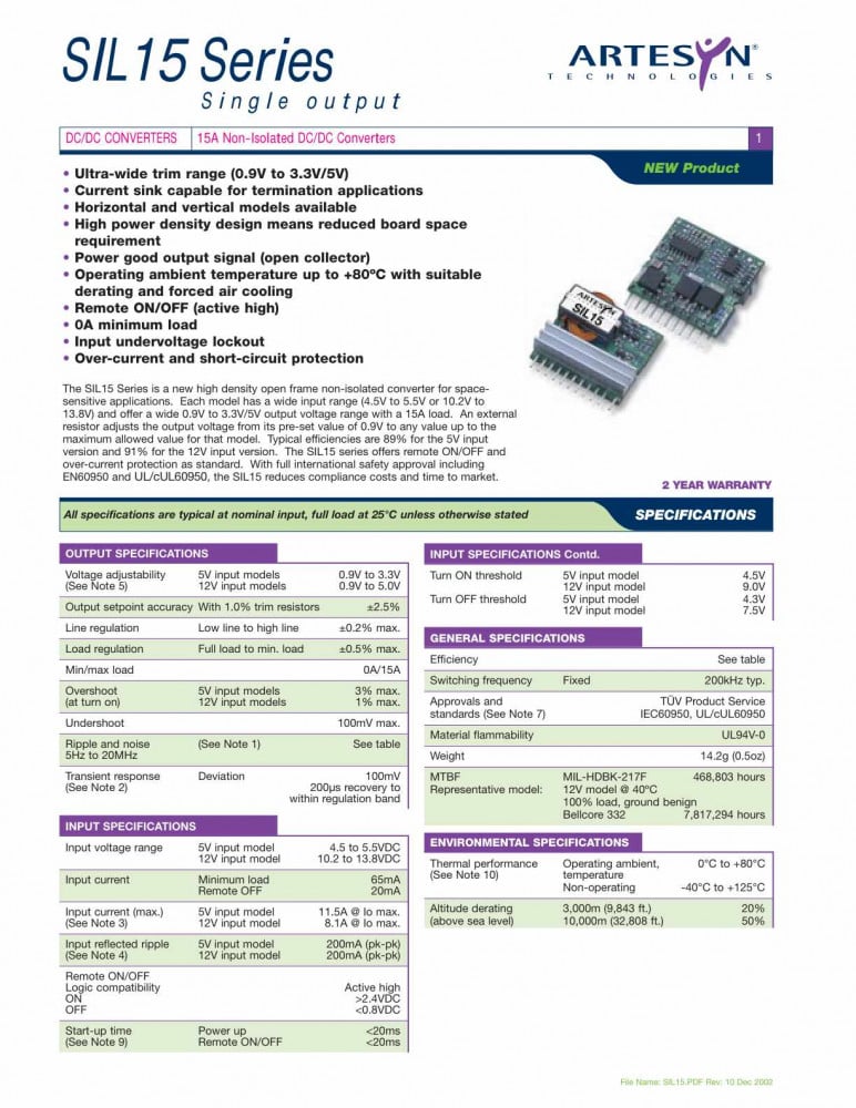 Artesyn SIL15C-12SADJ-V datasheet page 1