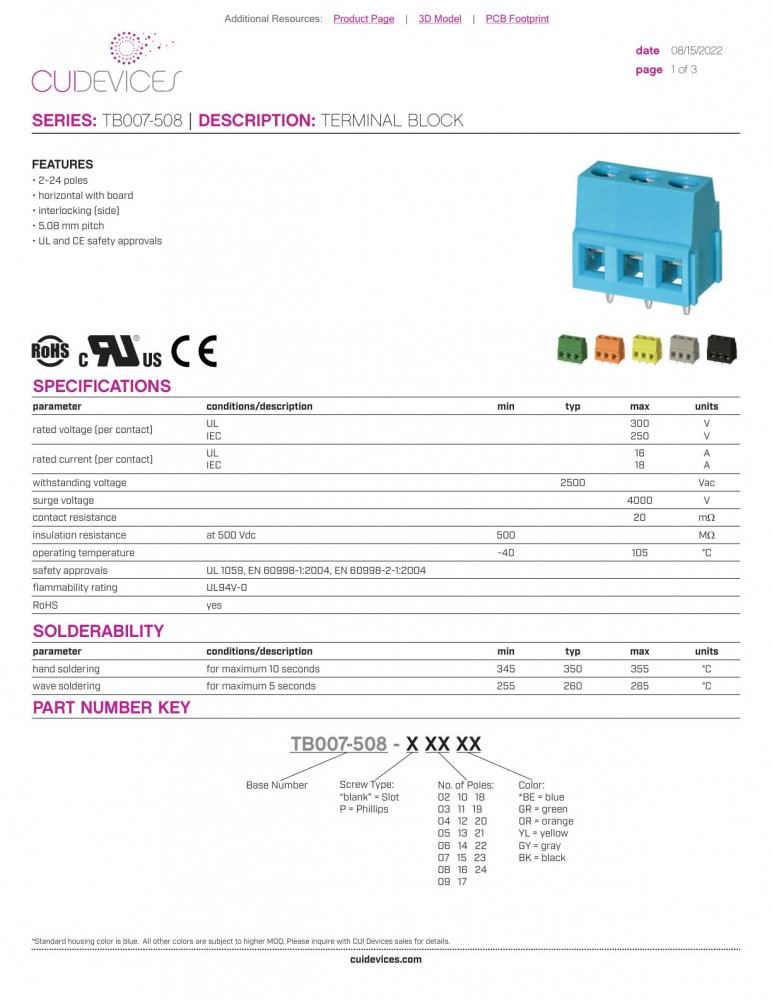 CUI TB007-508 datasheet page 1
