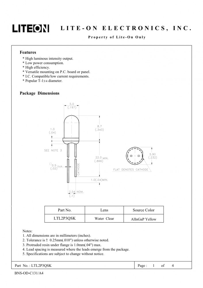 LTL2P3QSK datasheet page 1