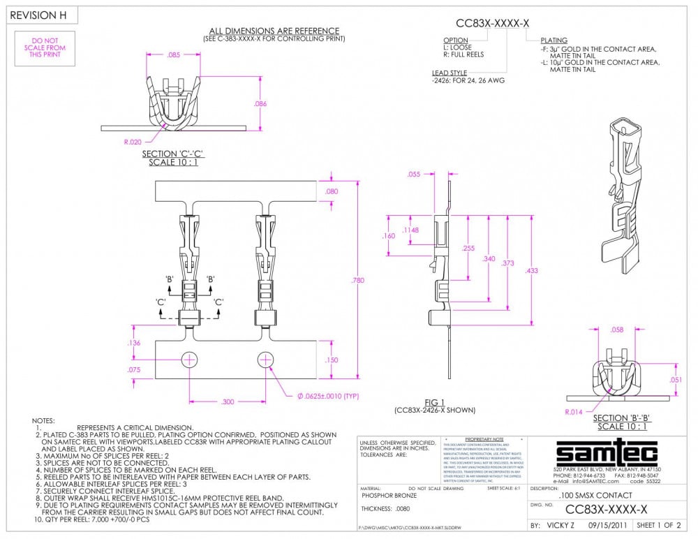 Samtec CC83R-2426-L technical drawing page 1