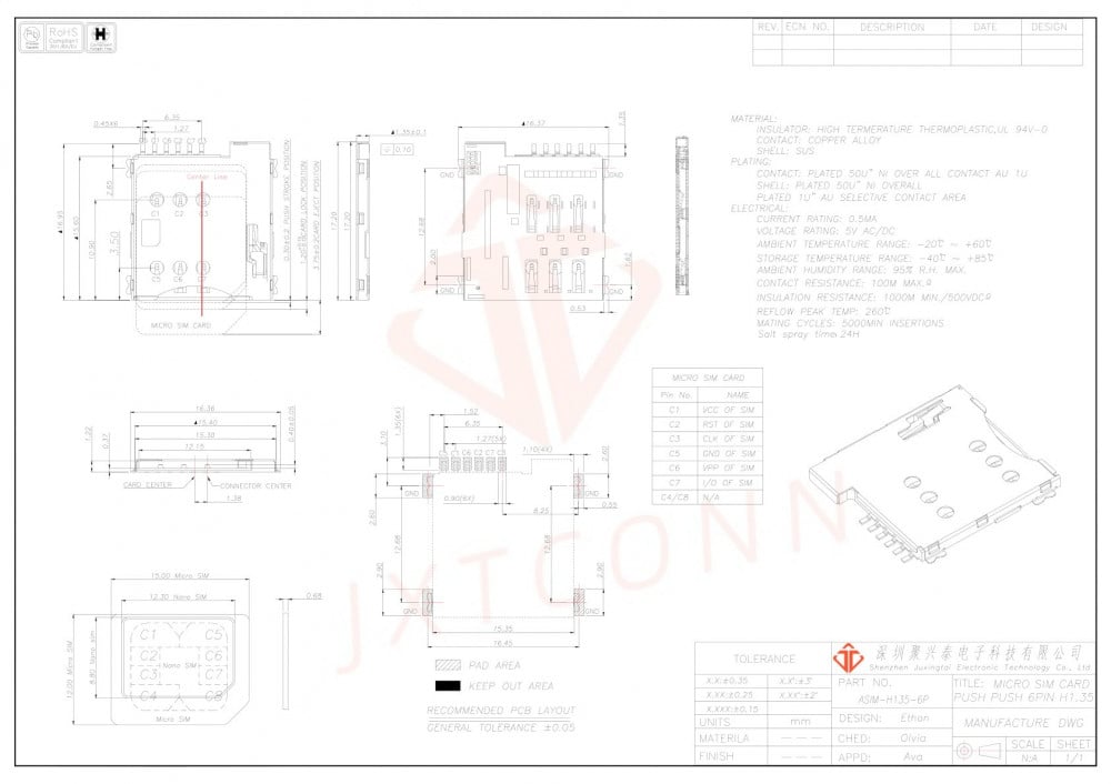 ASIM-H135-6P product drawing and electrical specification page