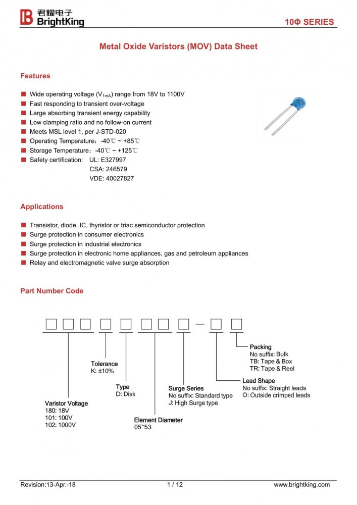 Brightking MOV datasheet page 1