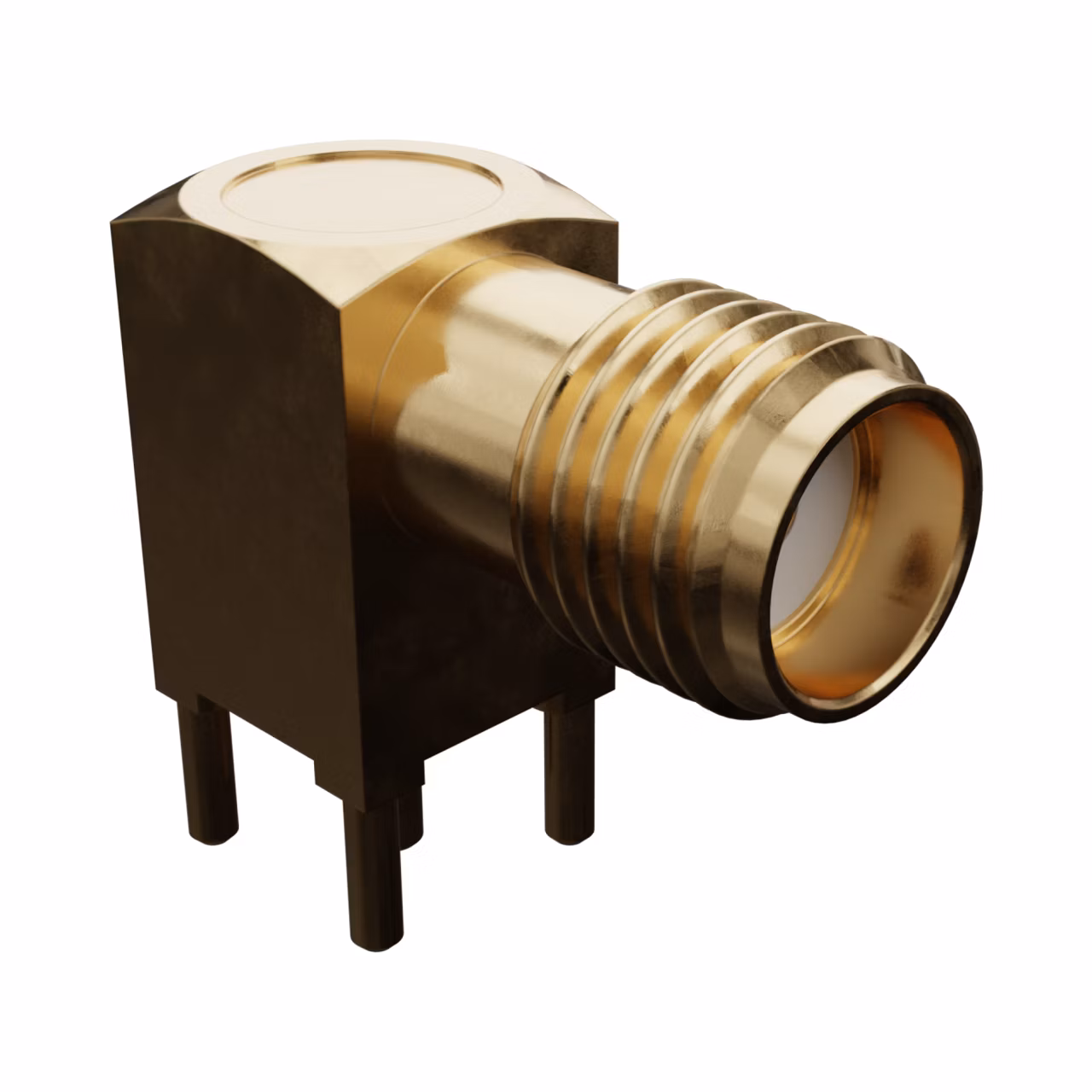 SMA Jack, Right-Angle, PCB Receptacle, Through Hole, Die Cast Body, Gold (Au) Plated, 3.43mm Leg Length, 80 Pieces Per Tray, 50 Ohms for sale