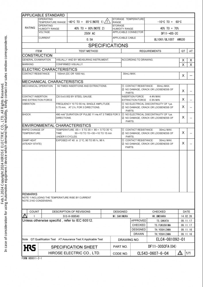 HRS DF11-30SCFA(04) specification sheet