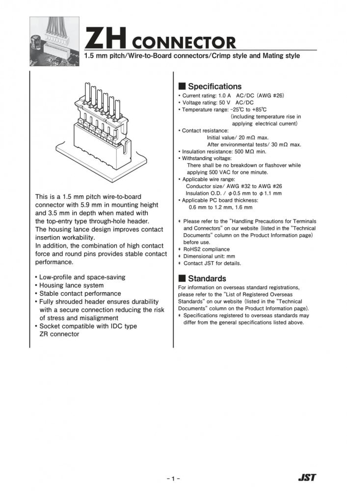 JST ZH connector datasheet page 1