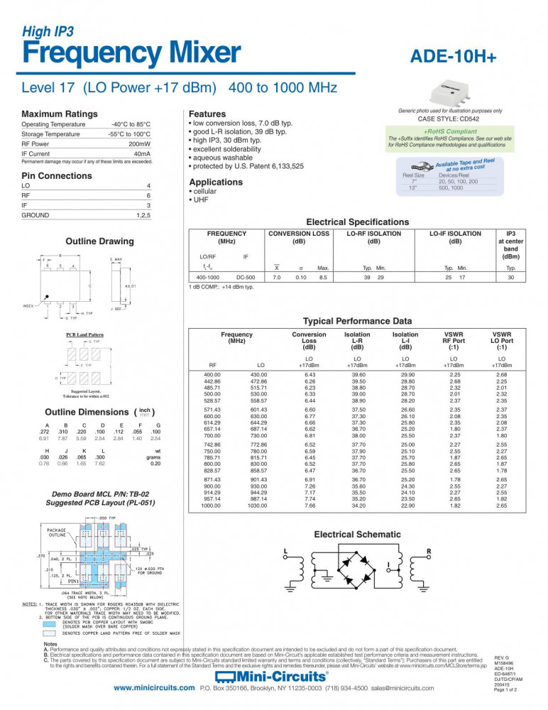ADE-10H+ datasheet page 1: specifications, pinout, package and performance data