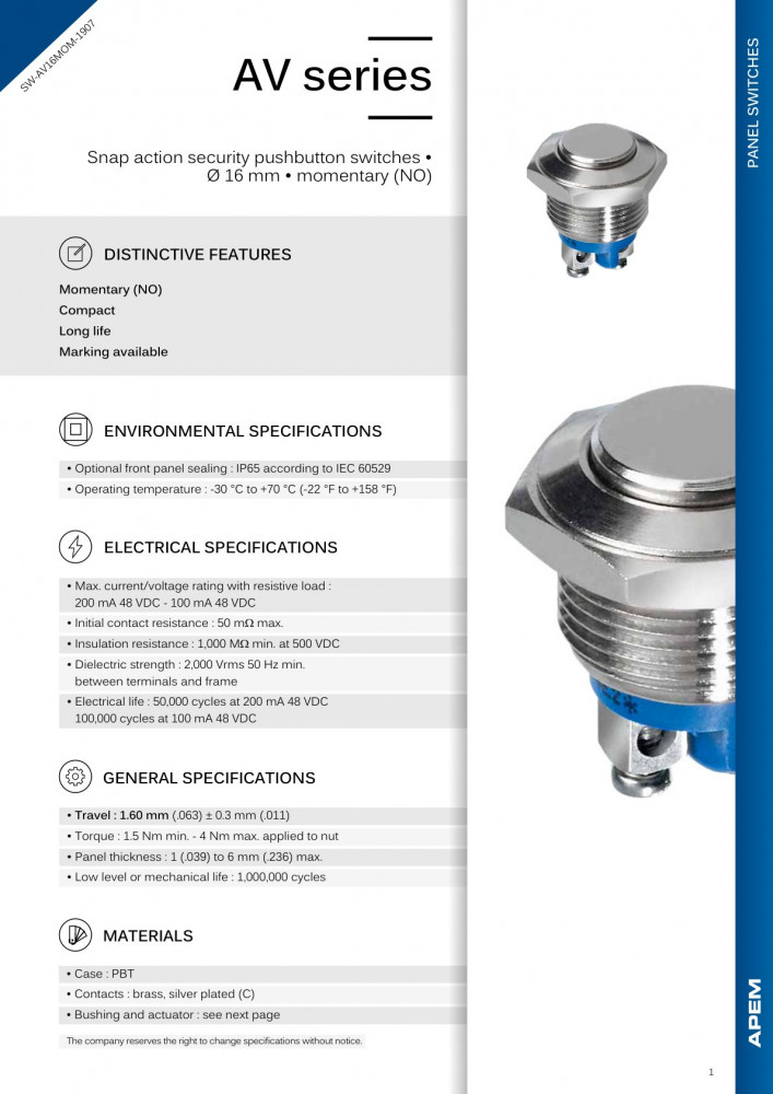 APEM AV series datasheet page 1