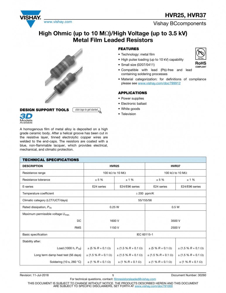 Vishay HVR37 datasheet page 1