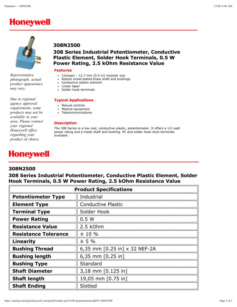 Honeywell 308N2500 product document page 1