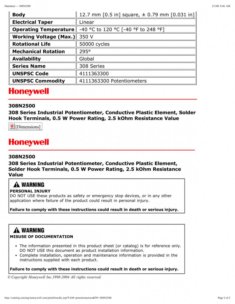 Honeywell 308N2500 product document page 2
