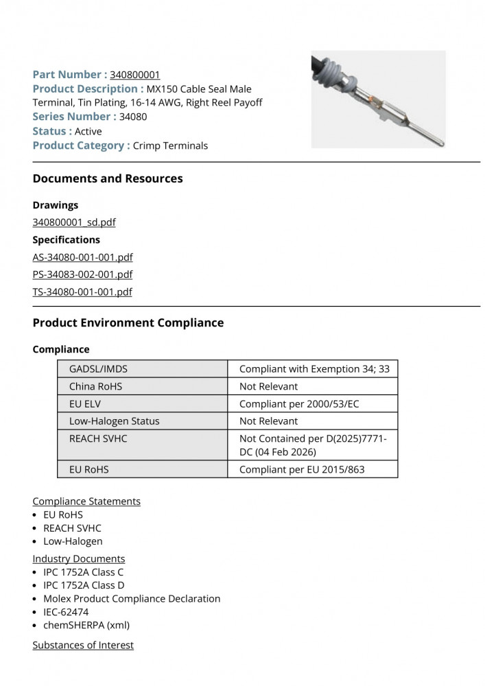 MOLEX 340800001 technical document image, page 1