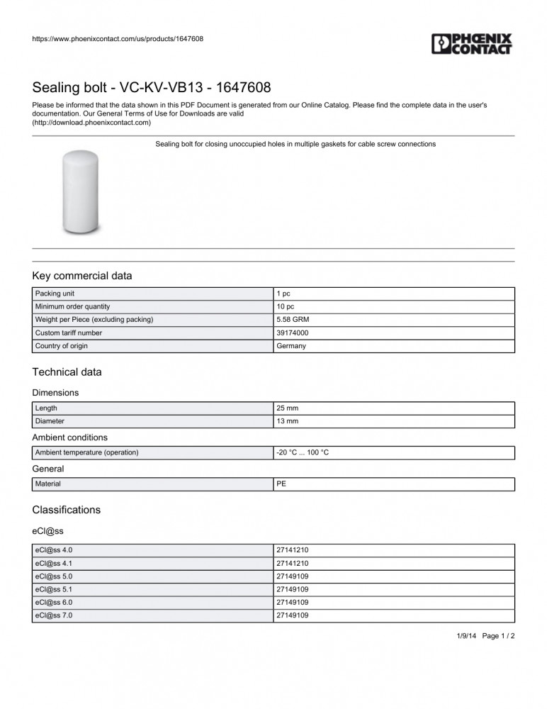 Phoenix Contact 1647608 technical document page 1
