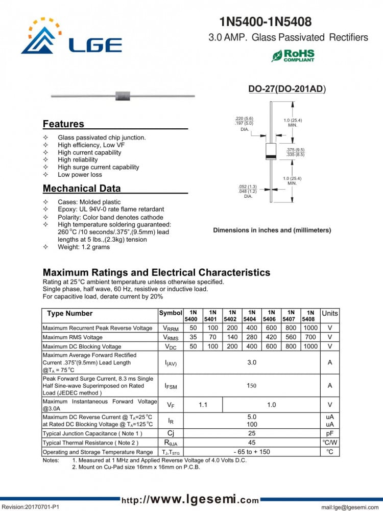 LGE 1N5408 datasheet page 1