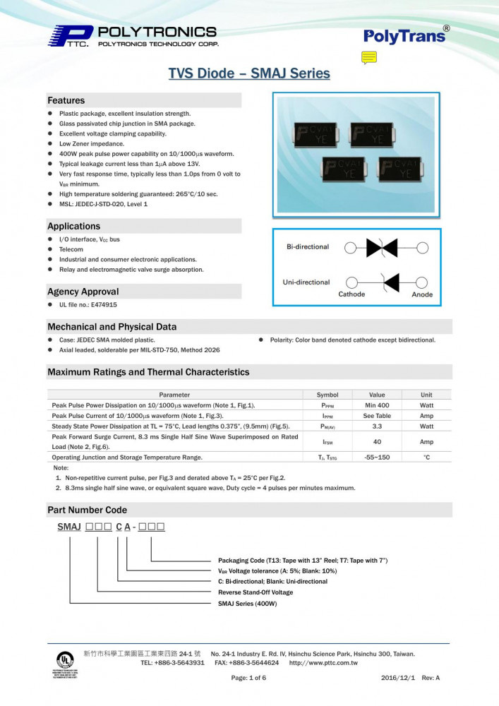 PTTC SMAJ series datasheet page 1