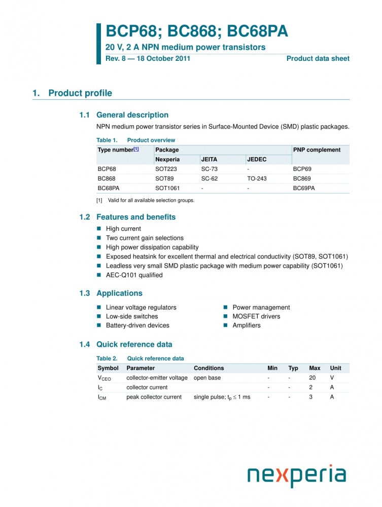 BC868 datasheet page 1