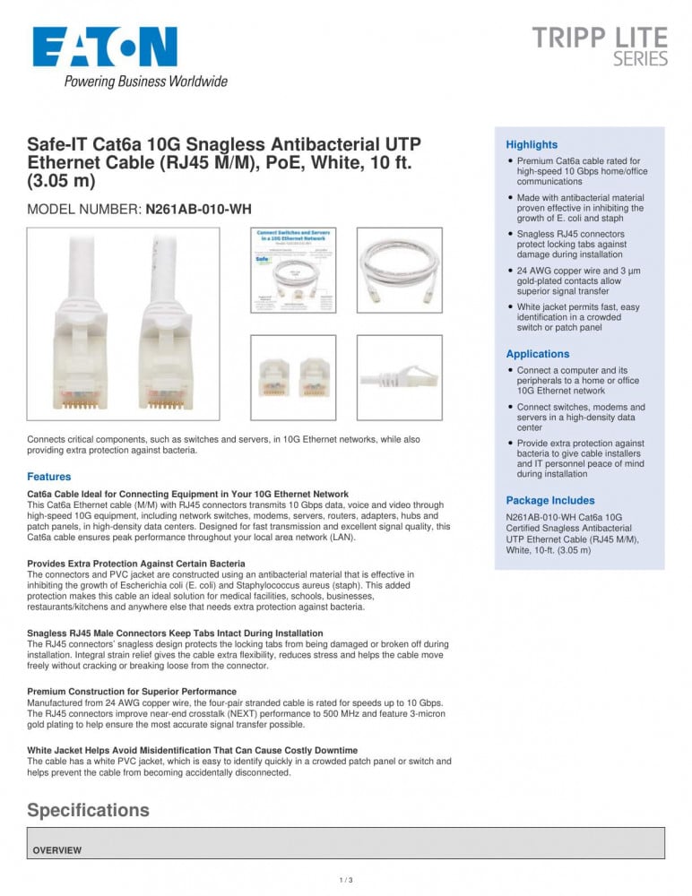 N261AB-010-WH technical document page 1