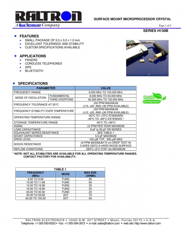 Raltron H130B datasheet page 1